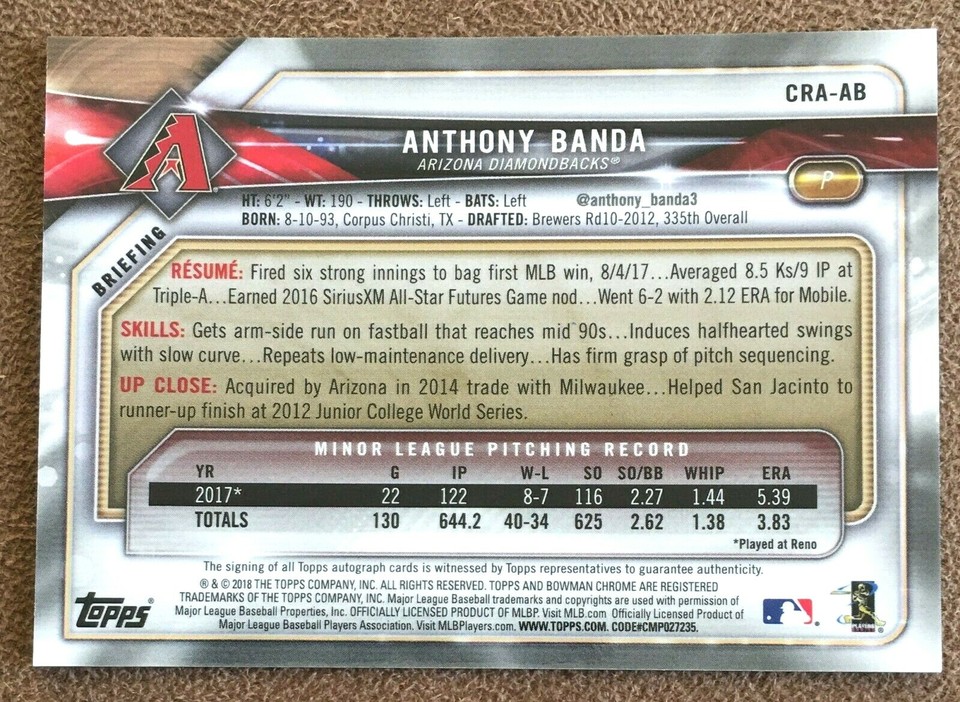 Anthony Banda 2018 Bowman Chrome Rookie Autograph Atomic Refractor #CRA ...