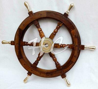 18" Vintage Antique Helm Ship/Boat Wooden Steering Wheel Solid Brass ...
