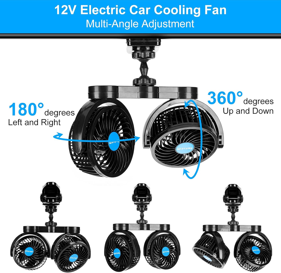 12V Car Clip Fans, Adjustable Dual Head Clip Fan 360° Rotatable Cooling ...