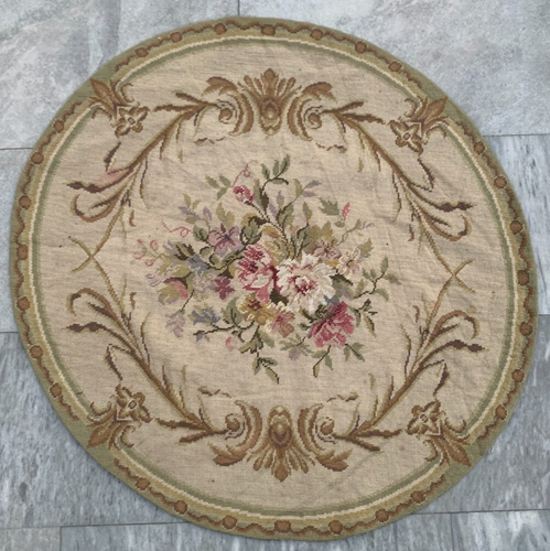 3x3 Vintage French Round Handmade Aubusson Rug Needle Point Floral Wool ...