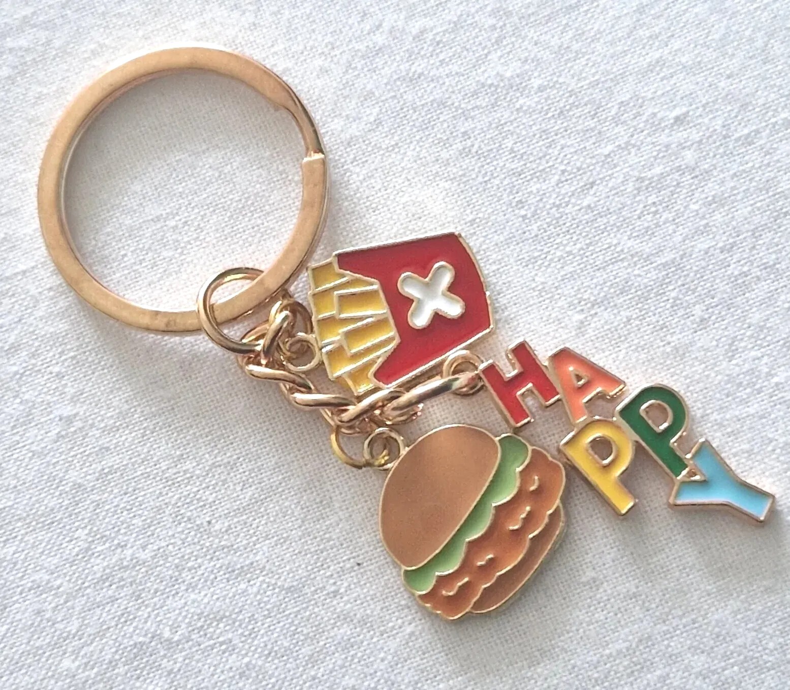 Keyring - Novelty - Burger - Fries - Happy Charms - Rose Gold Metal ...