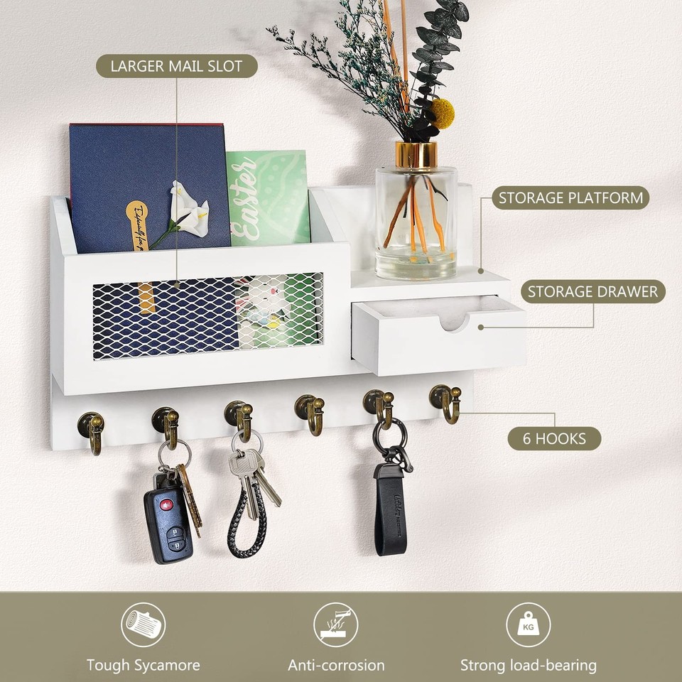 Key and Mail Holder for Wall, Mail Organizer Wall Mount with 6 Hooks ...