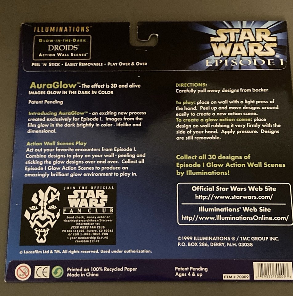 Retro 1999 Star Wars Stickers Glow-In-The-Dark Removable Droids+Space ...