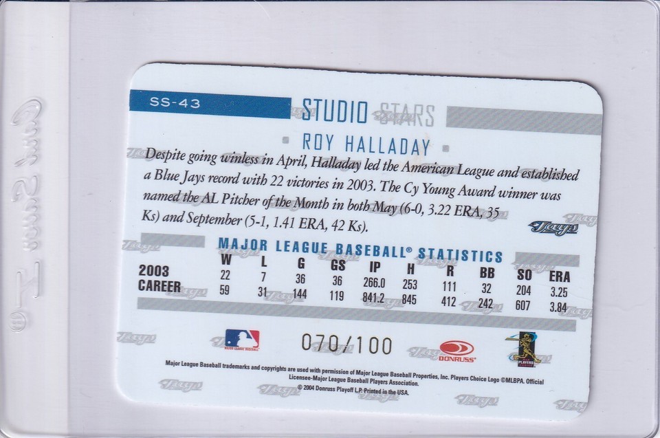 2004 Studio Stars Gold #SS43 Roy Halladay 070/100 Toronto Blue Jays ...