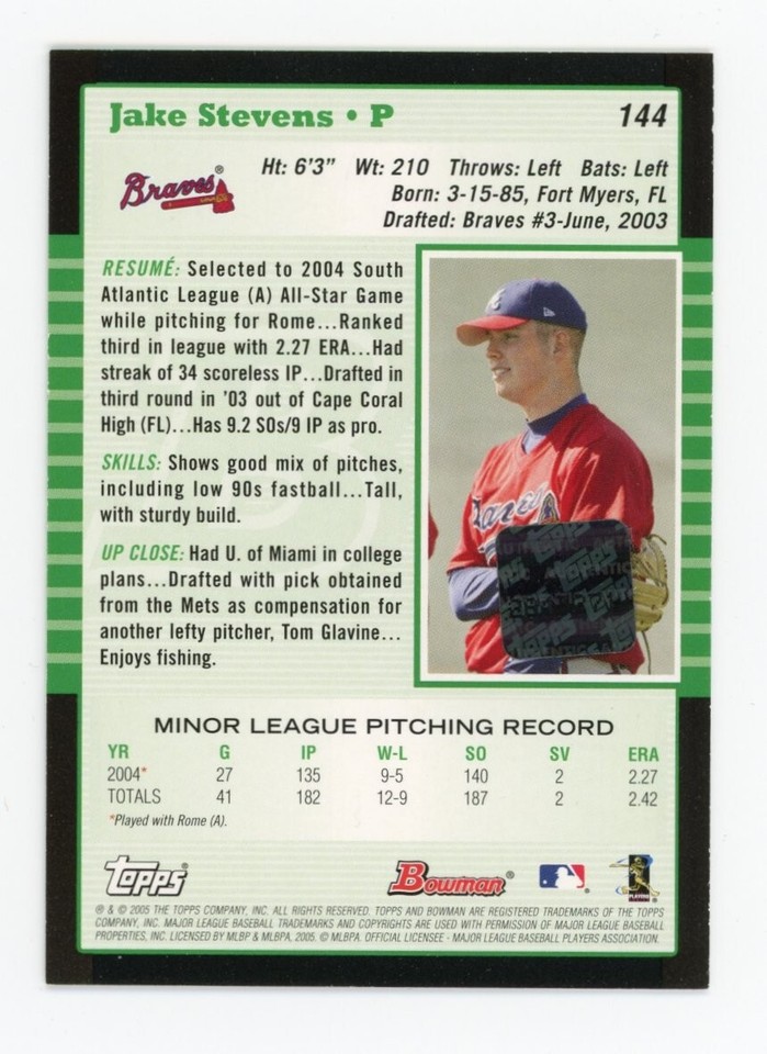 2005 Bowman RC Auto - #144 Jake Stevens - Atlanta Braves | eBay