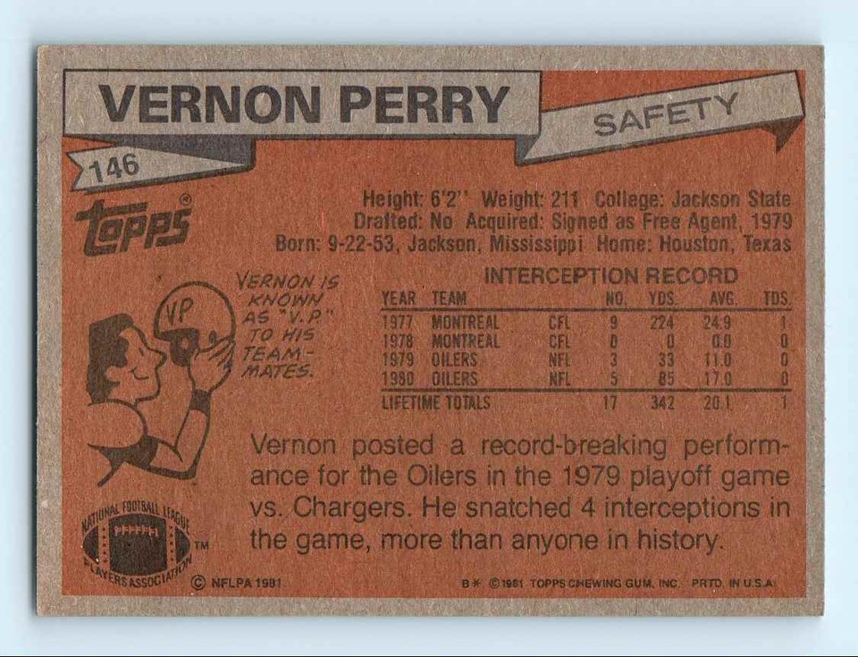 1981 Topps Vernon Perry RC Houston Oilers #146 | eBay