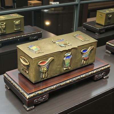 Antique Chinese Brass Box w/ Applied Cloisonné Medallions (4.375 ...