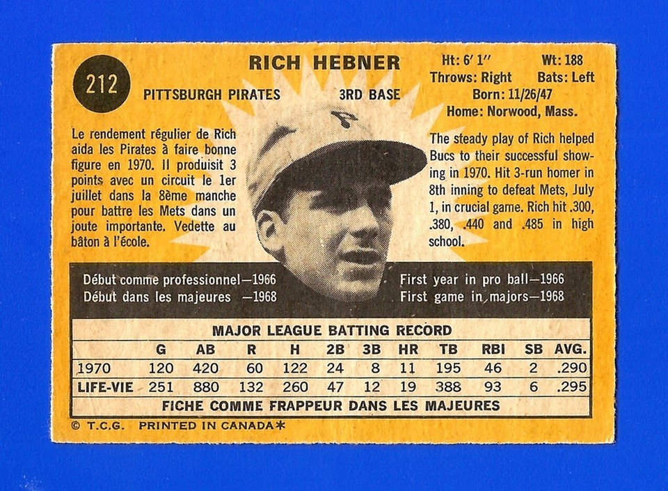 1971 OPC O-Pee-Chee SET BREAK #212 RICH HEBNER PITTSBURGH PIRATES (SB1 ...