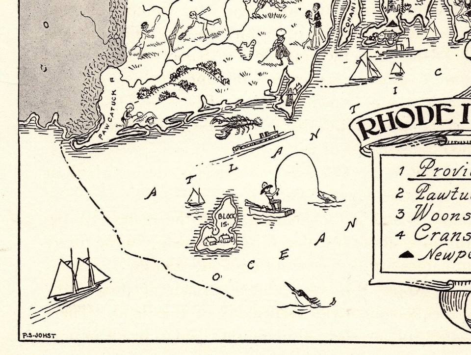 1950s Vintage RHODE ISLAND State Map Animated Rhode Island Picture Map ...