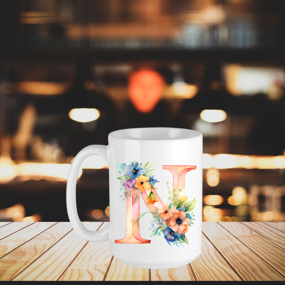 FLORAL Monogram Mug Personalized Name Coffee Cup Initial Letter 11 fl ...