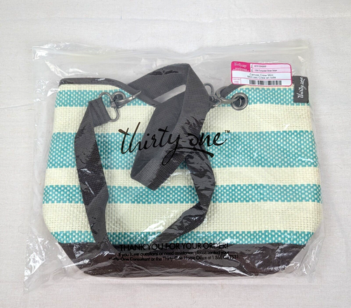 Thirty One Canvas Crew Mini Tote Purse 135A Turquoise Straw Stripe New ...