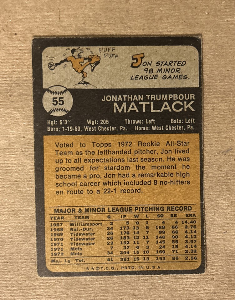 1973 Topps Baseball Jon Matlack New York Mets Card #55 | eBay