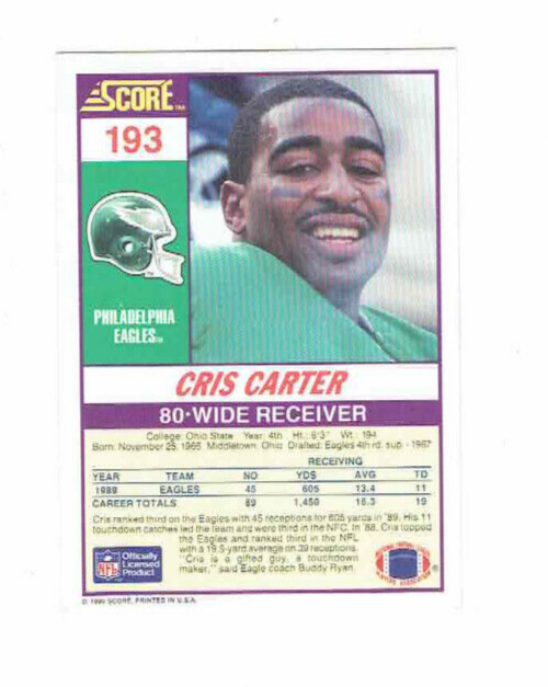 Cris Carter Philadelphia Eagles #80 Wide Receiver #193 Score 1990 ...