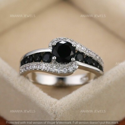 2 Ct Round Cut Lab-Created Black Spinel Engagement Ring Real 925 ...