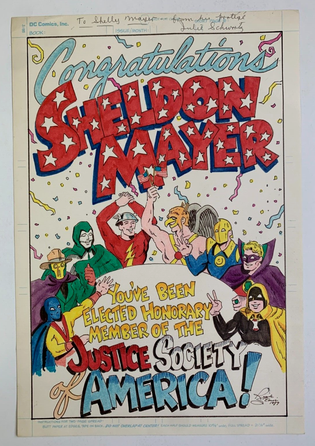 Original art by RICK STASI signed for SHELDON MAYER, Justice Society ...