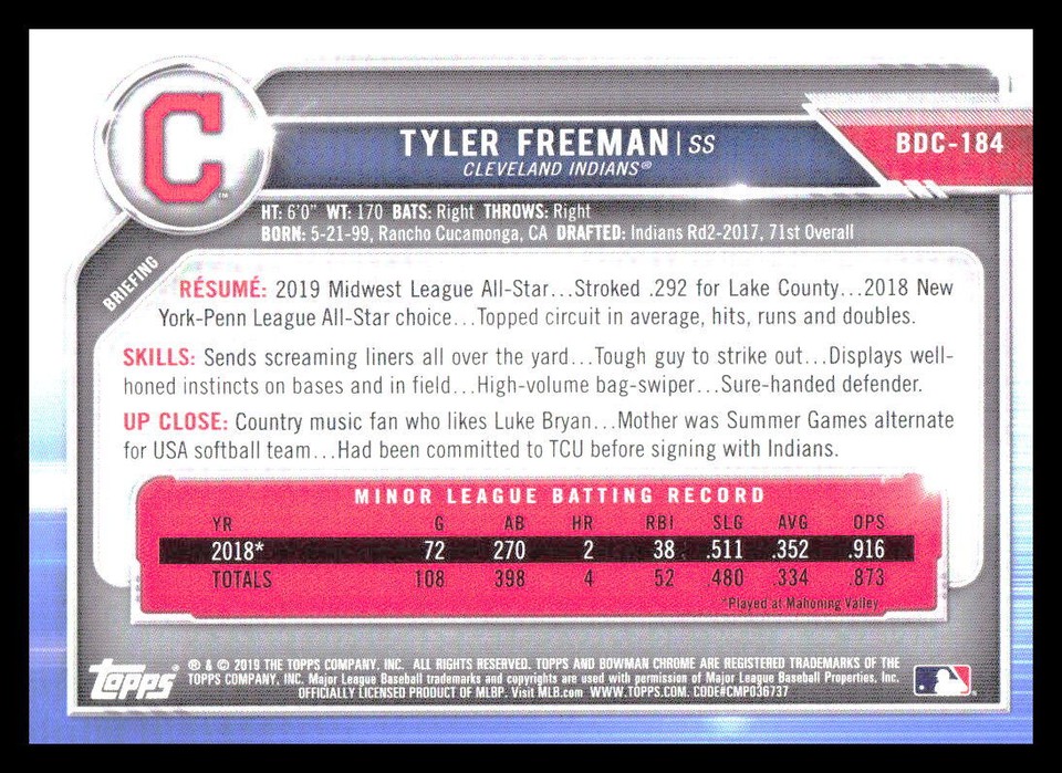 2019 Bowman Chrome Draft Tyler Freeman BDC-184 Cleveland Indians | eBay