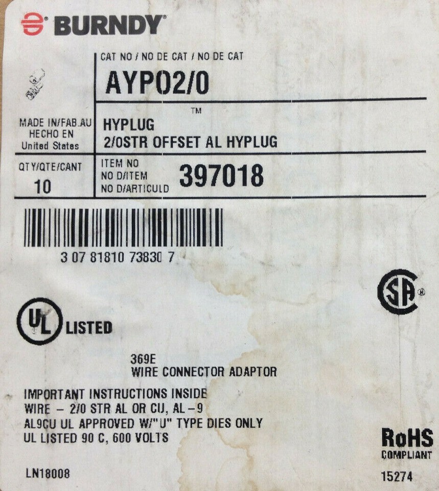 Burndy AYP02/0 HYPLUG 397018 Wire Connector Adapter Box of 10 | eBay
