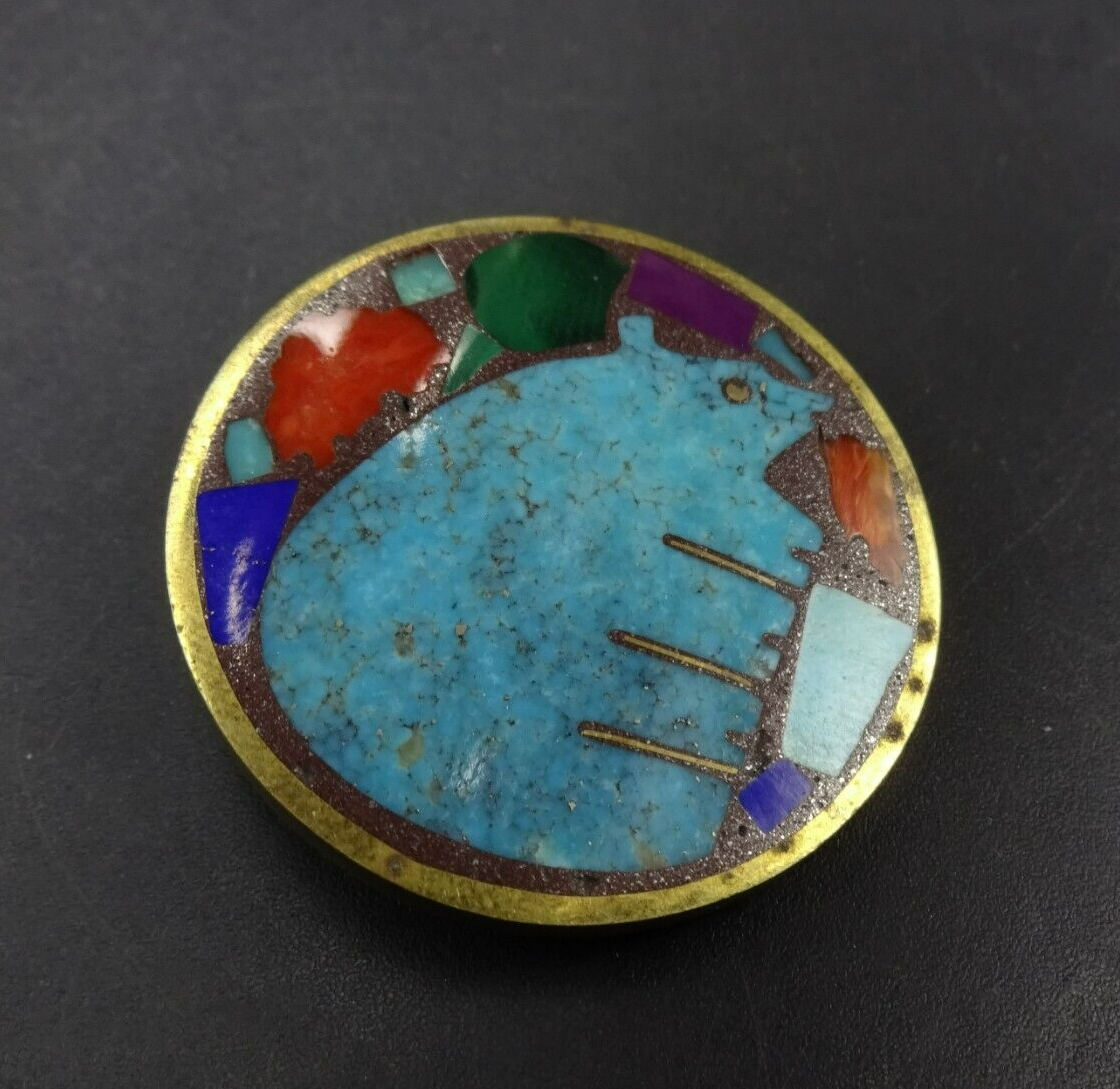 Andrew Shows & Turza Wells HAND CARVED BEAR INLAY PIN/BROOCH set in ...