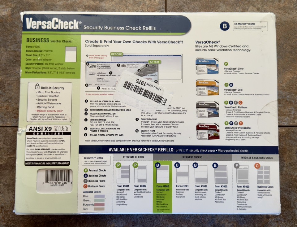 VersaCheck Security Business Check Refills Form #1000 Sheets 250 Checks ...