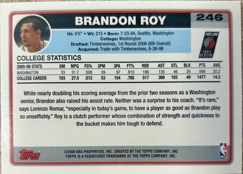 Brandon Roy RC 2006 Topps #246 UW | eBay