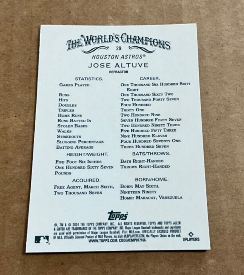 2024 Topps Allen & Ginter Chrome # 29 Jose Altuve Refractor Houston ...