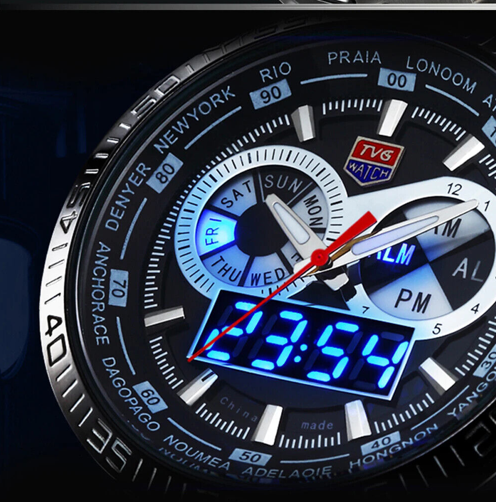 TVG Stainless Steel Watch Men military Blue Binary LED Waterproof | eBay