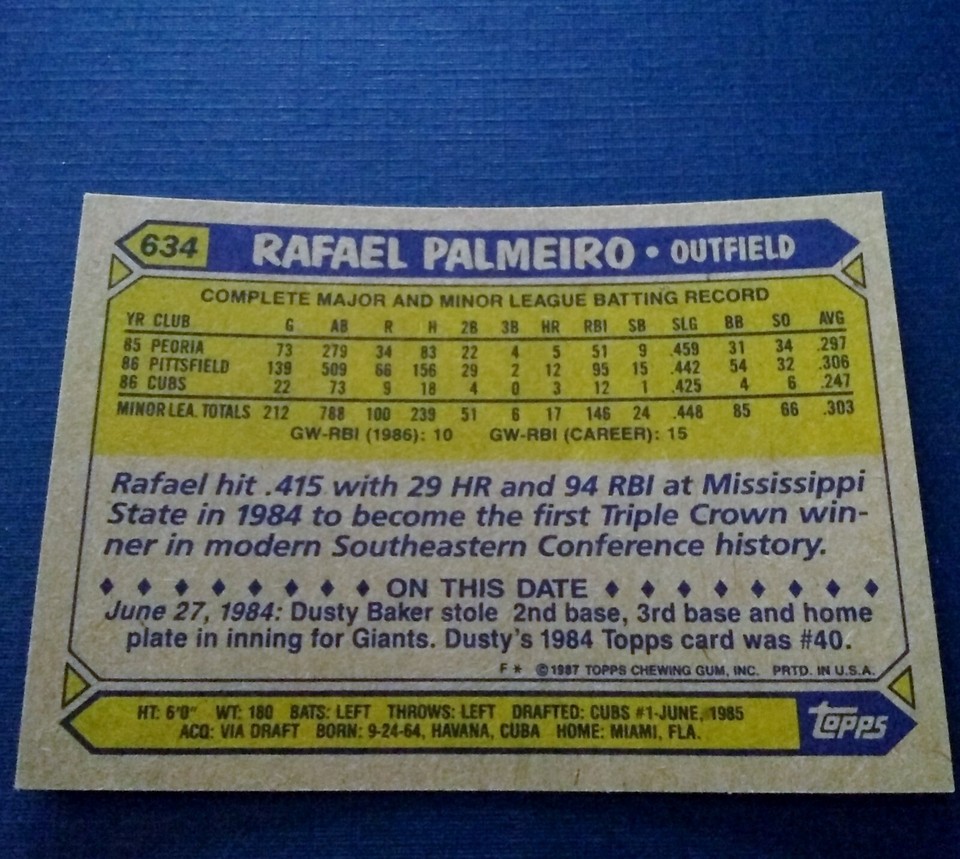1987 Topps Baseball Rafael Palmeiro Rookie Card #634 Set Break NM-MT | eBay