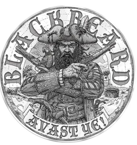 Blackbeard Pirate Ship 1 oz .999 fine silver Antiqued round in capsule ...