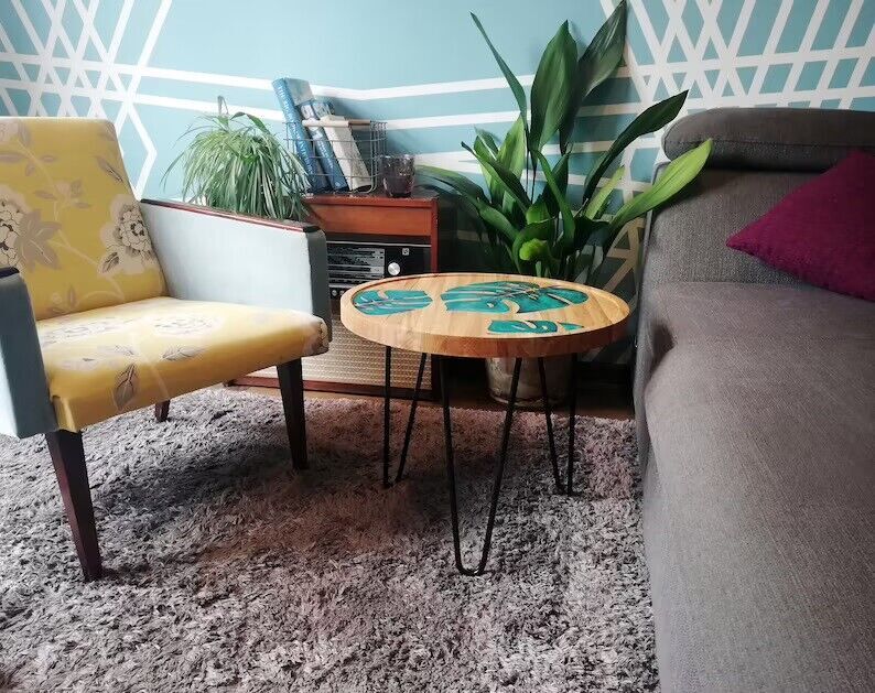 Unique Leaf Pattern Epoxy Round Resin Coffee Table Wood Table Patio ...