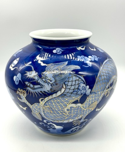 Large Vintage Korean Arita Ware Blue Porcelain Dragon Vase 8.5tall 8 ...