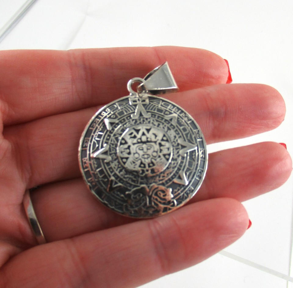 .925 Sterling Silver Aztec Calendar Pendant Mexican Sundial Tribal ...