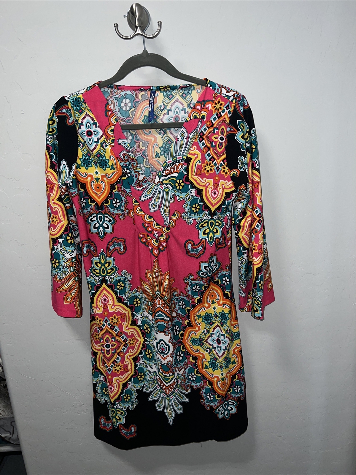 White Mark Couture Collection V Neck Dress Pink Multi… - Gem