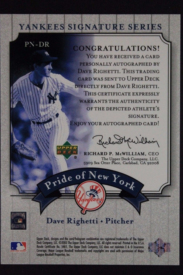 Dave Righetti Autograph 2003 UD Pride of New York Yankees Series Signed ...