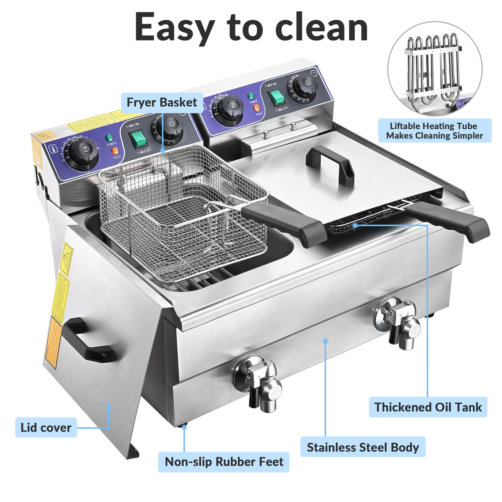 WeChef Electric Deep Fryer Drain Timers Commercial Countertop Basket ...