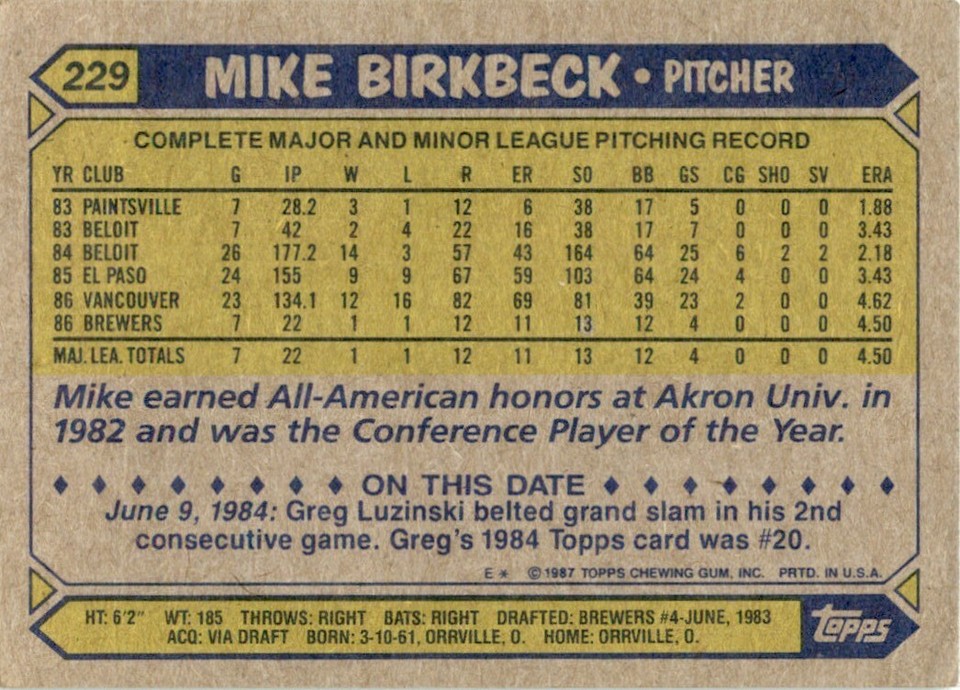 1987 Topps Baseball #229 Mike Birkbeck | eBay