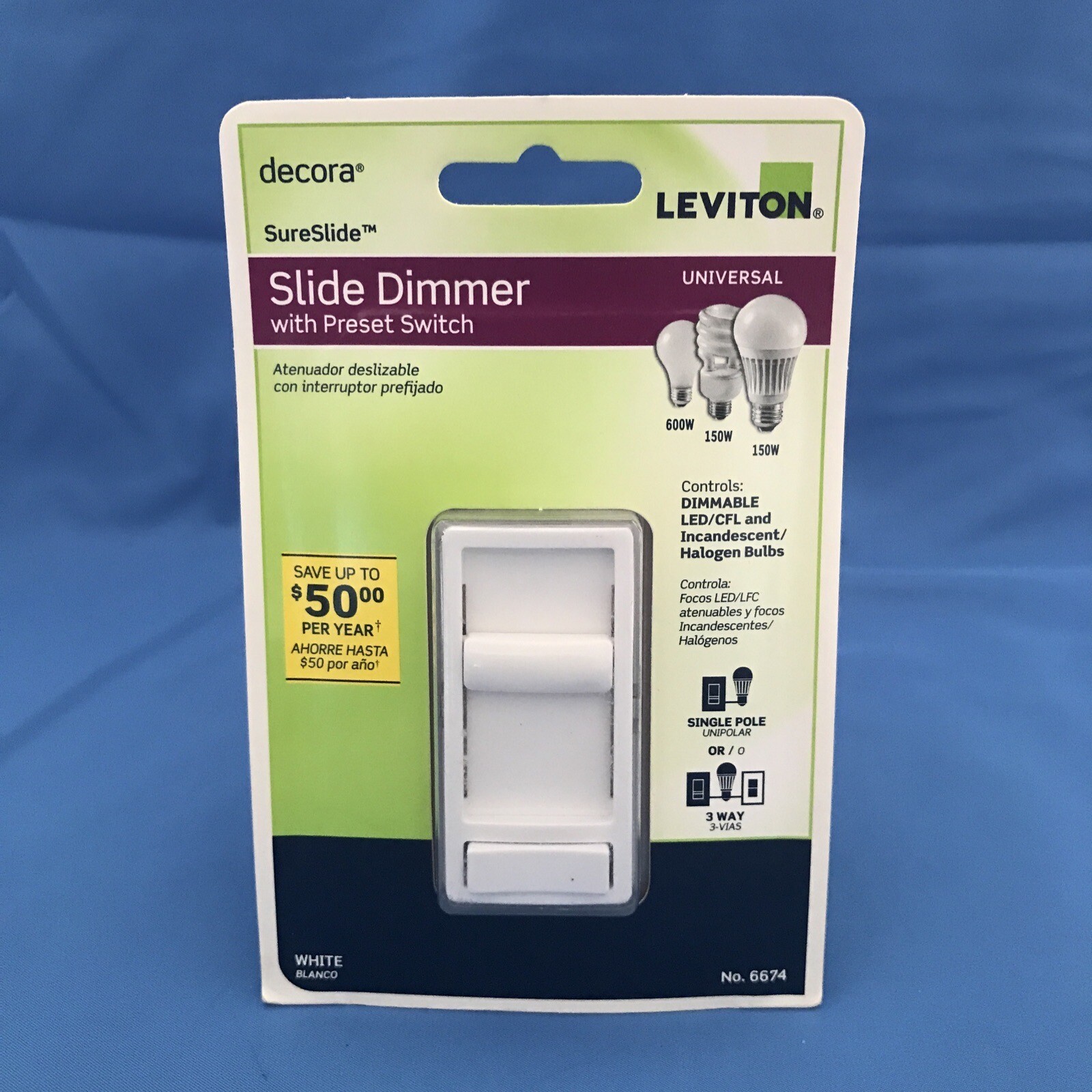 Leviton R62-6674-P0W 120V White Decora SureSlide 1-Pole OR 3-Way Dimmer ...