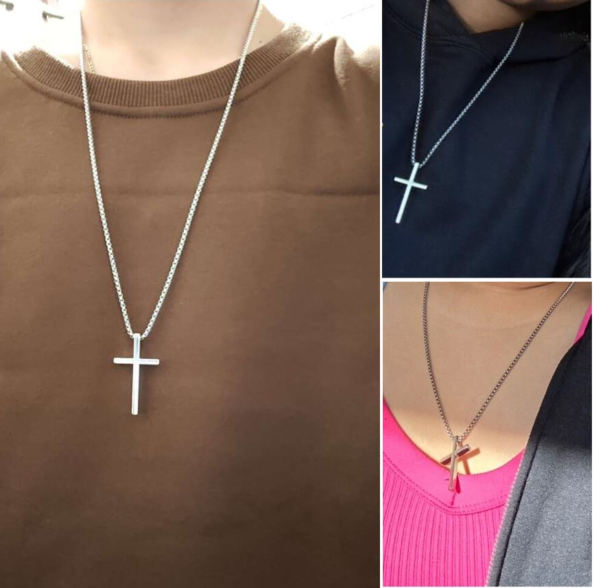 Silver Cross Necklace Christian Chain Stainless Steel Women Men Cross ...