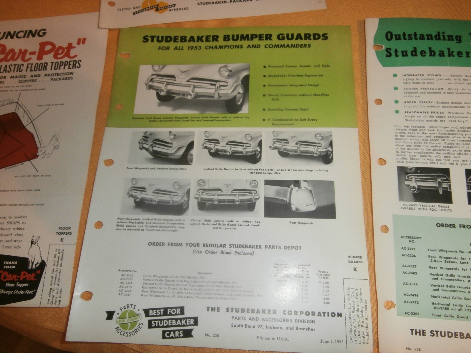 5 Studebaker Dealer Order Price Papers Bumper Guards Airmat Floor Mats ...