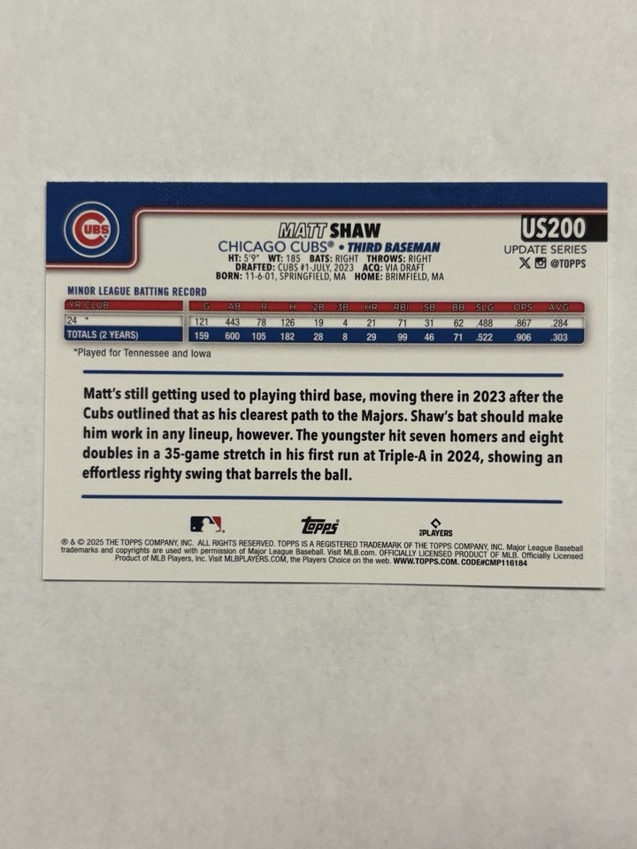 2025 Topps Update Series Matt Shaw Rookie RC #US200 Chicago Cubs | eBay