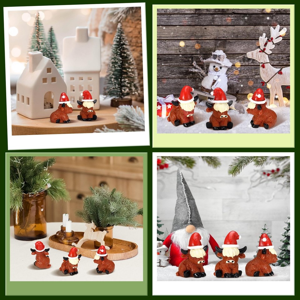 50 Pcs Mini Christmas Highland Cow Figurine Resin Santa Hat Highland ...