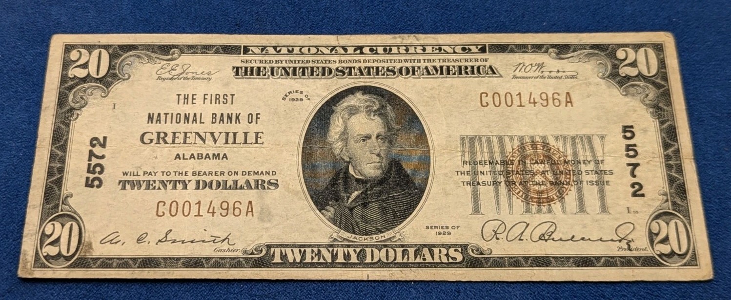 1929 Type 1 First National Bank Greenville Alabama $20 National ...