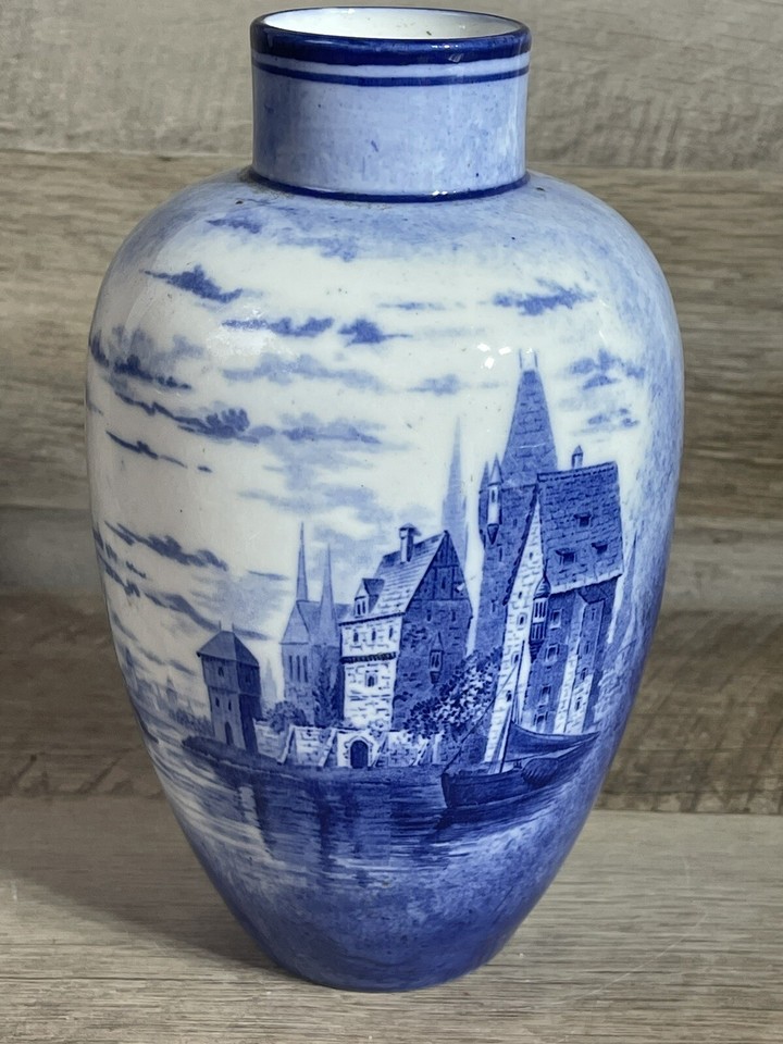Antique Vintage Delph Vase Ceramic Blue White Houses 7 7/8” High | eBay