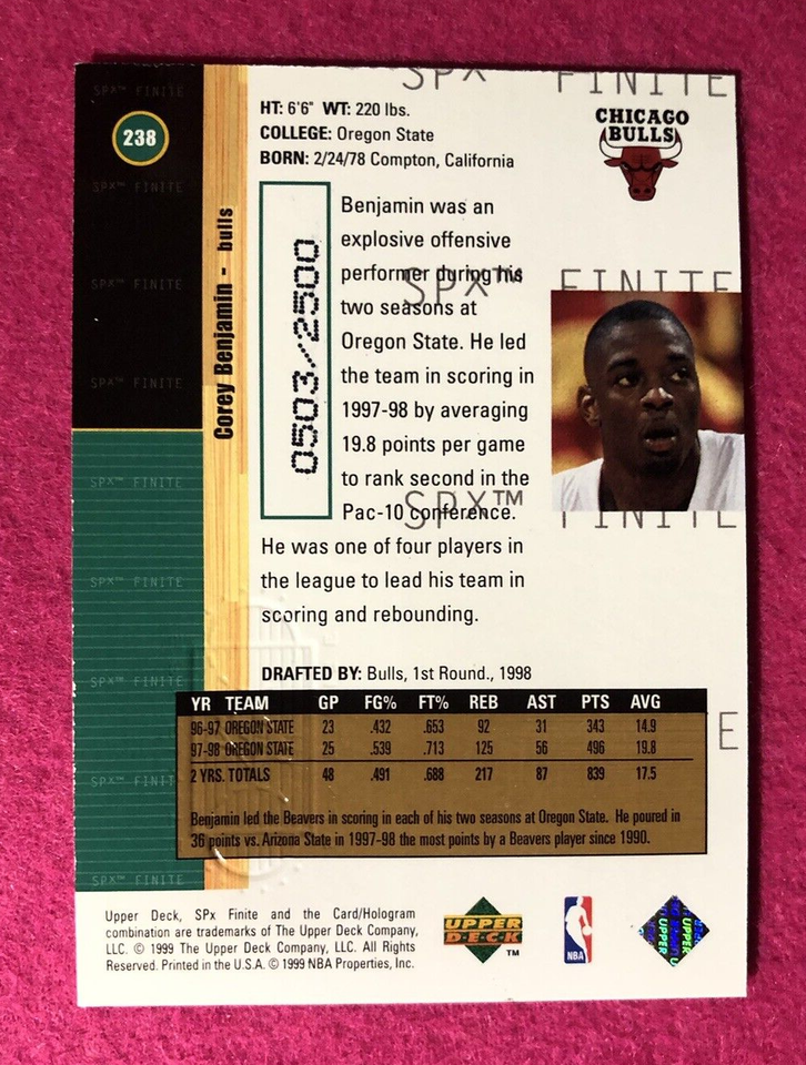 1998 99 SPX Finite Corey Benjamin RC Chicago Bulls 0503/2500 #238 | eBay