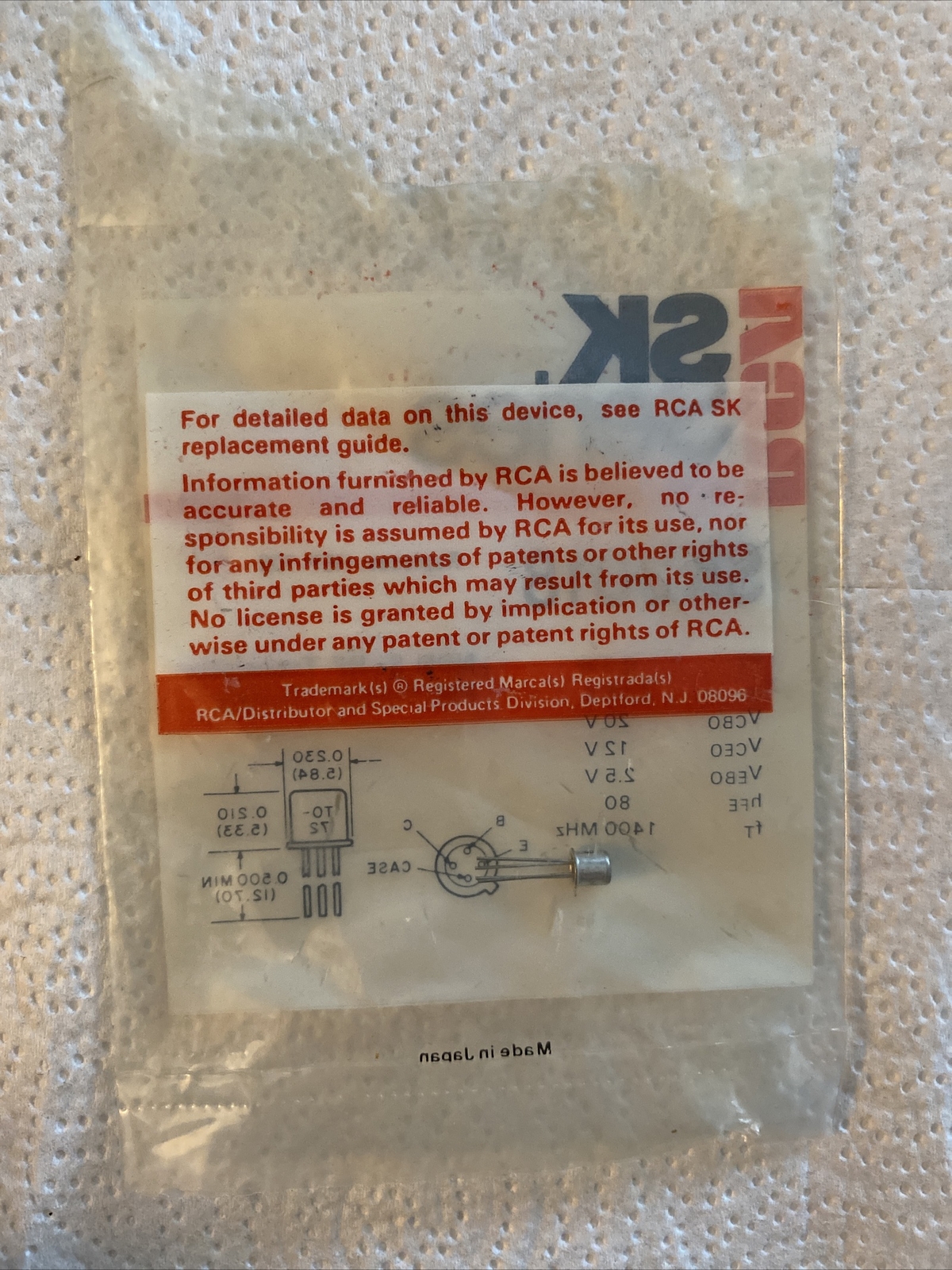 SK3018 RCA SK Series NPN Silicon RF FM TV VHF Tuner Transistor Nte316 ...