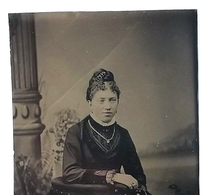 Tintype Photograph Finely Dressed Woman Painted Backdrop | eBay