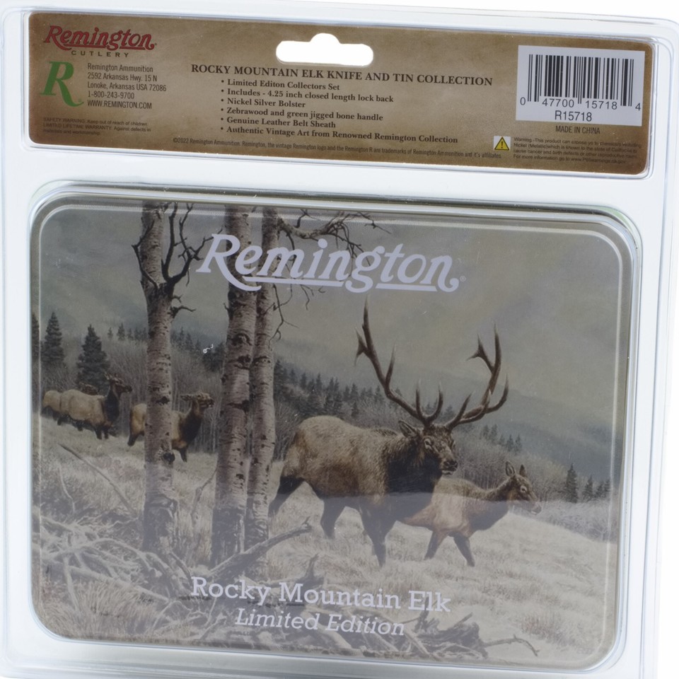 Remington Rocky Mountain Elk Lockback Knife Gift Set Tin Green Wood ...
