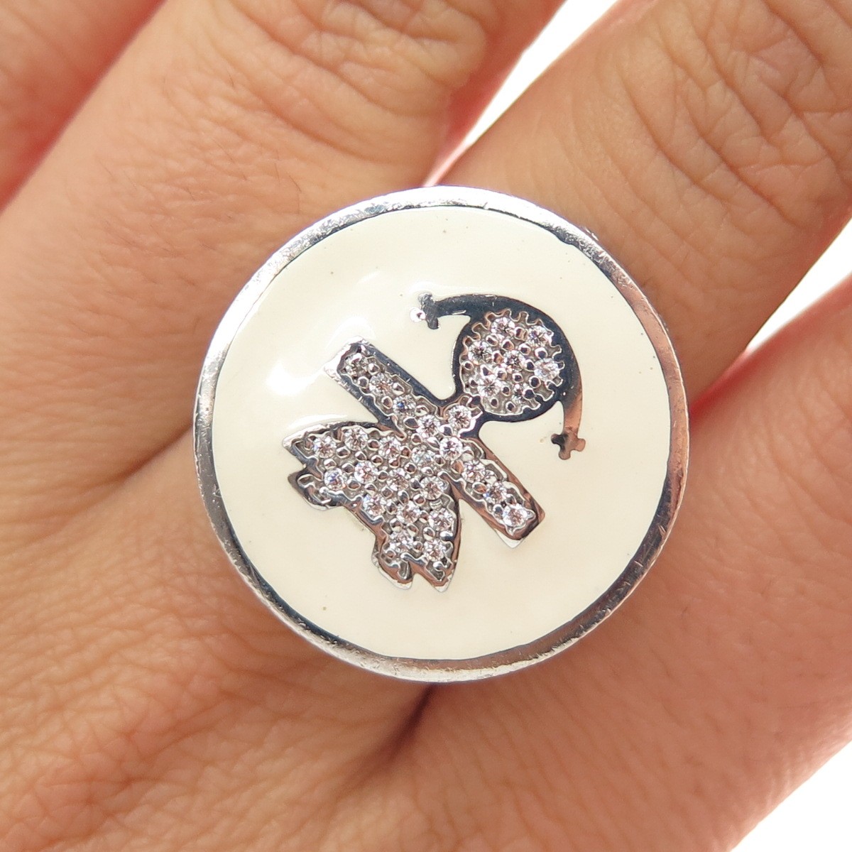 925 Sterling Silver Enamel & C Z Girl Signet Ring Siz… - Gem