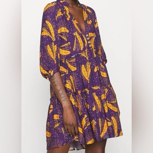 Farm Rio Purple Yellow Banana Plantain V-neck Tiered Wool Mini Dress ...