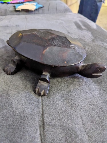 Vintage Hand Carved Wood Turtle Tortoise Jewelry Stash Box Shell Lid 7 ...