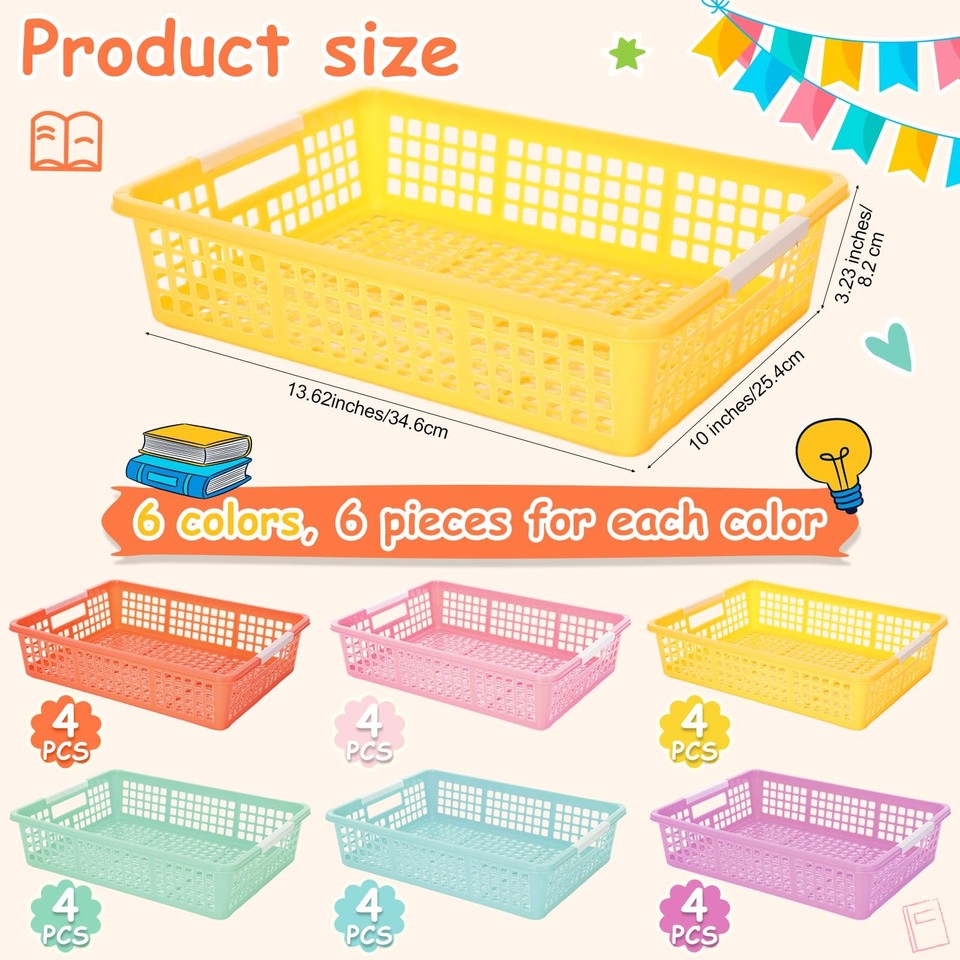36 Pcs Colorful Plastic Classroom Baskets Bulk with Handles 13.6" x 10 ...